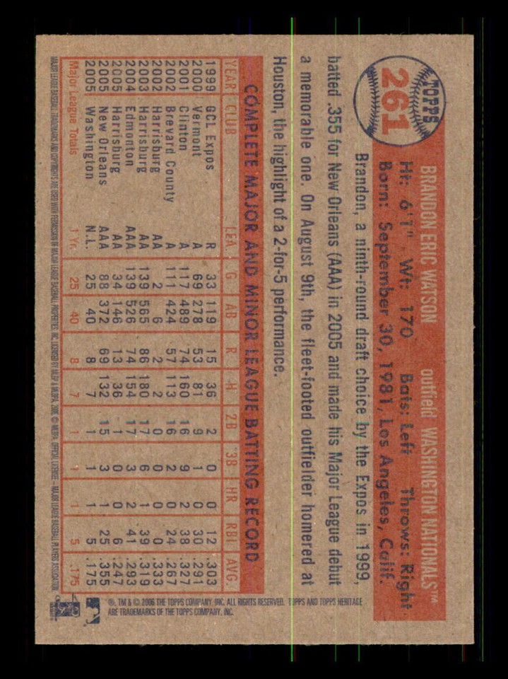 2006 Baseball Topps Heritage Brandon Watson Washington Nationals #261 ...