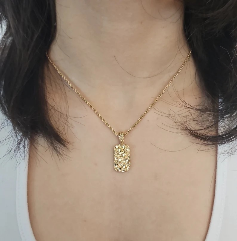 Gold Nugget Necklaces, Small Dog Tag Pendant, 1mm Rope Chain, 14k ...