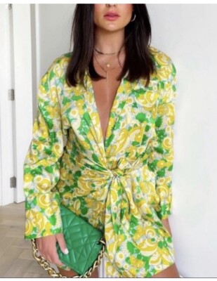 Zara floral green print wrap around dress size small | eBay UK