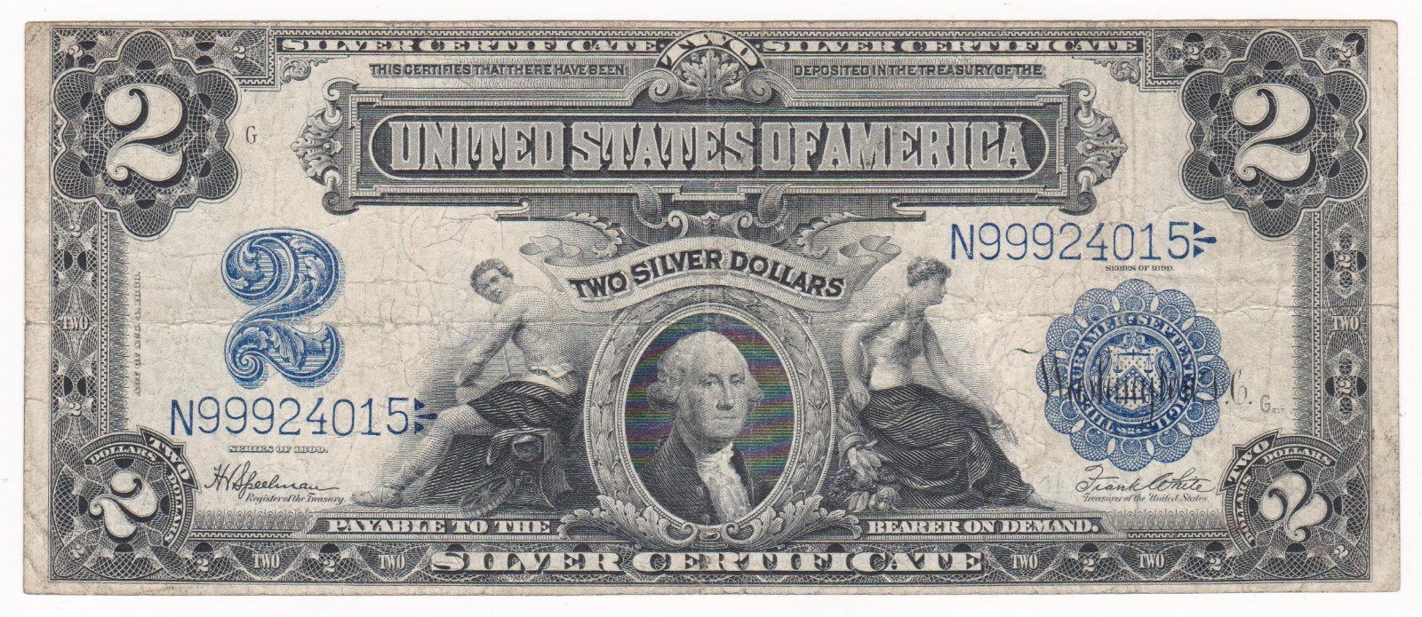 Large size note $2 porthole series 1899 two dollar silver certificate F ...