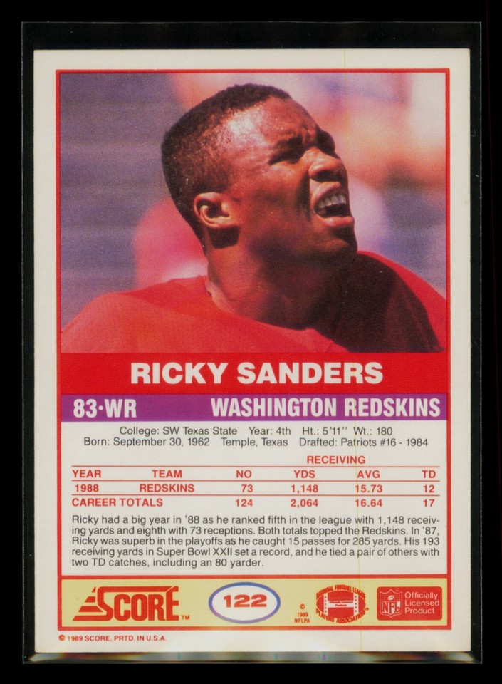 Ricky Sanders - 1989 Score #122 - Rookie Card - Redskins | eBay