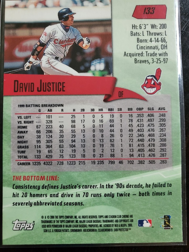 2000 Stadium Club #133 DAVID JUSTICE Cleveland Indians MINT | eBay