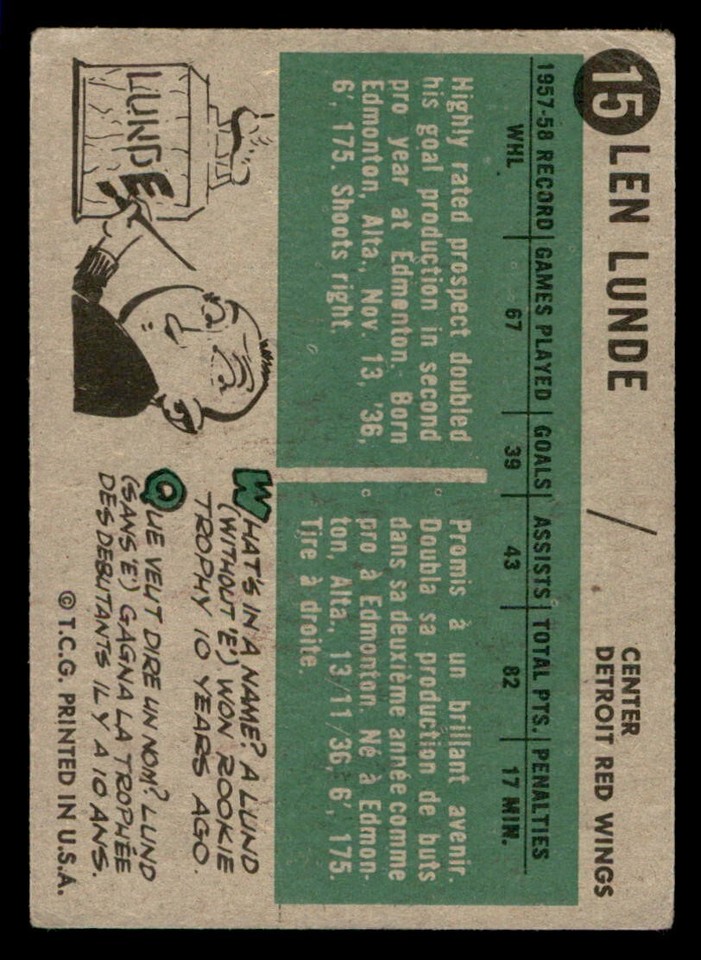 1958 Topps Hockey #15 Len Lunde GD | eBay