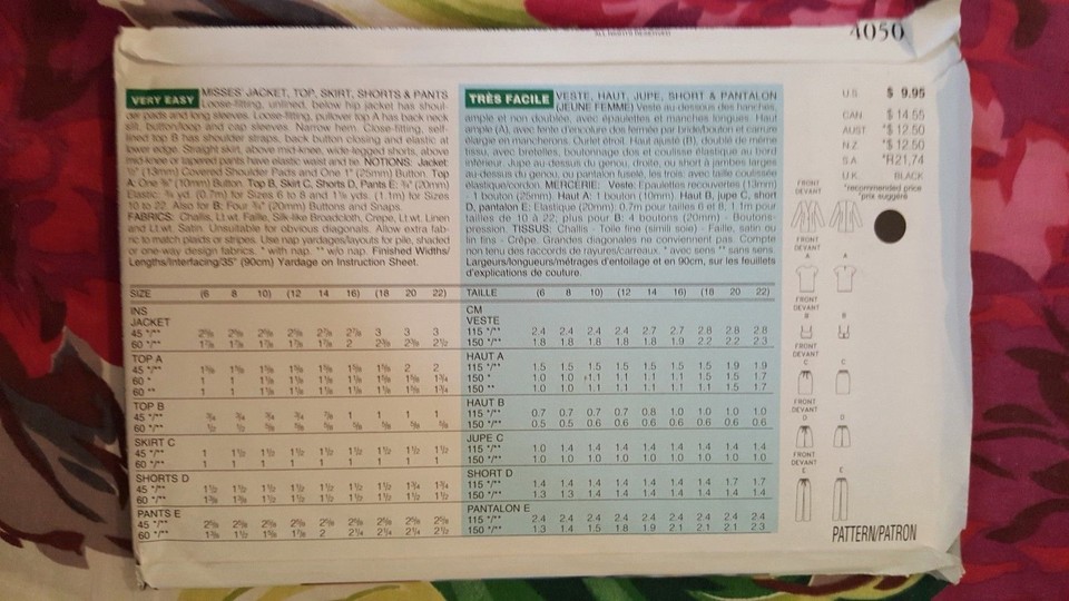 Butterick Pattern 4050 Misses Jacket Bustier Top Skirt Shorts Pants ...