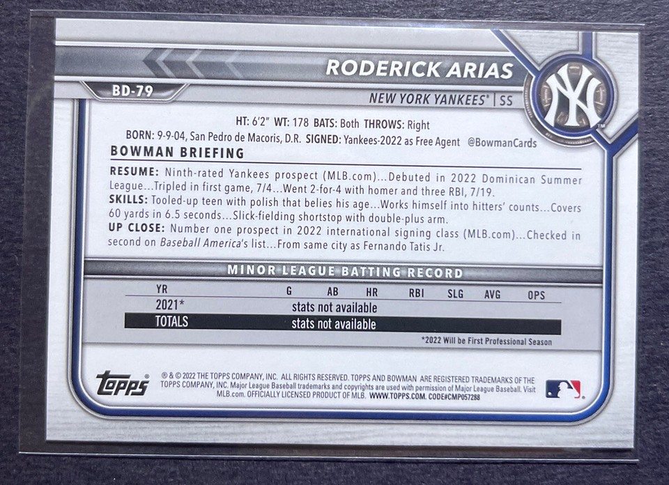 Roderick Arias 2022 Bowman Draft Sky Blue #d 116/499 #BD-79 Yankees ...