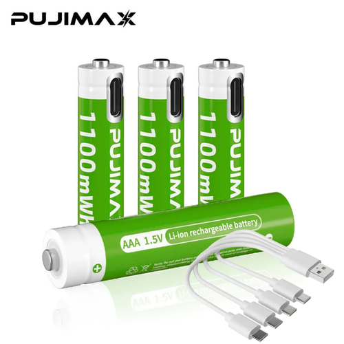 4-Pack USB Rechargeable AAA Lithium 1.5V 1100mWh Batteries Type-C ...