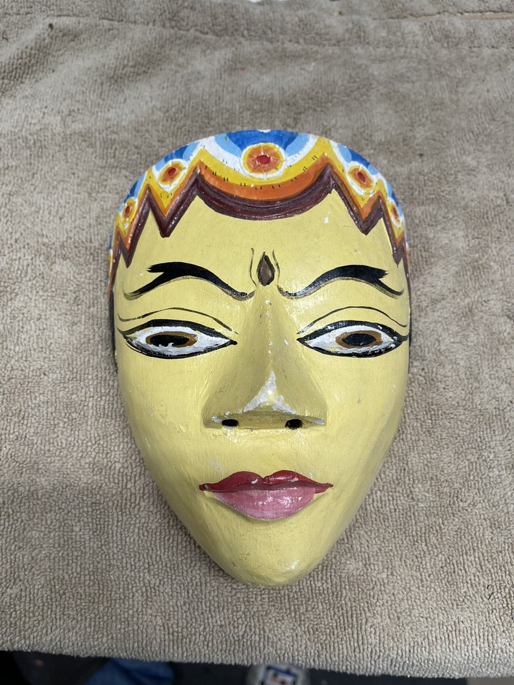 Vintage Folk Art Indonesian Wood Hand Carved Mask Goddess yellow | eBay