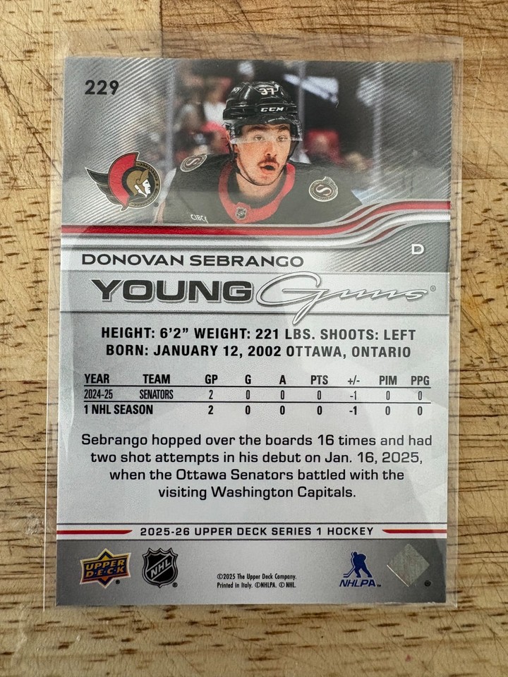 2025/26 Upper Deck Young Guns 229 Exclusives #054/100 Donovan Sebrango ...
