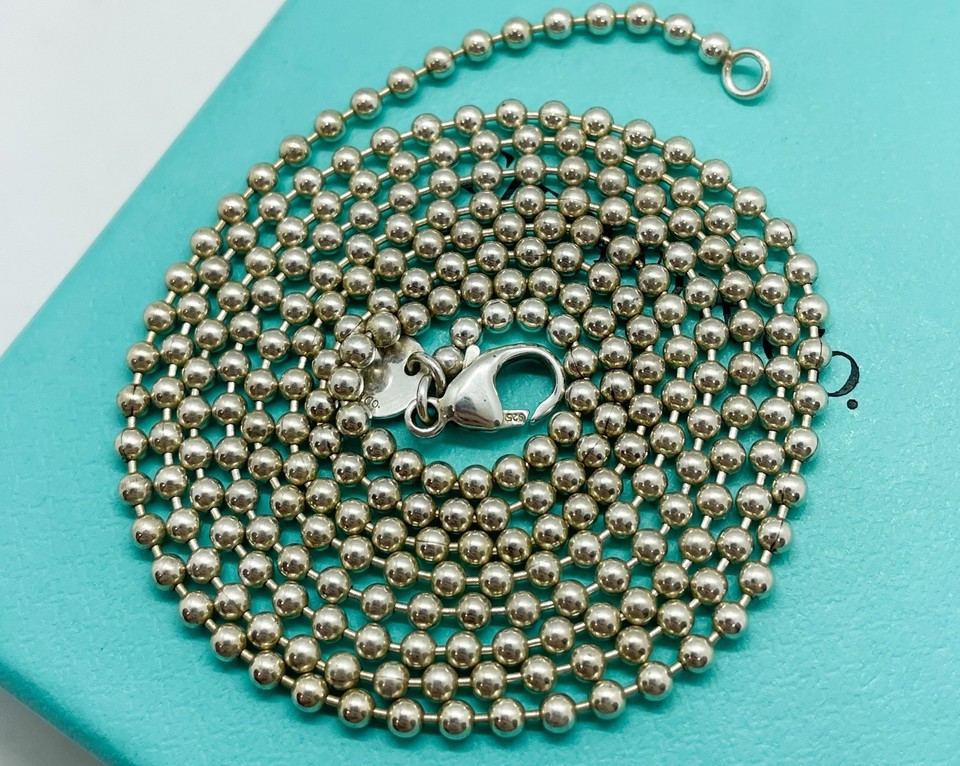 Tiffany & Co. 34" Sterling Silver 2mm Bead Ball Chain Necklace w/ Box ...