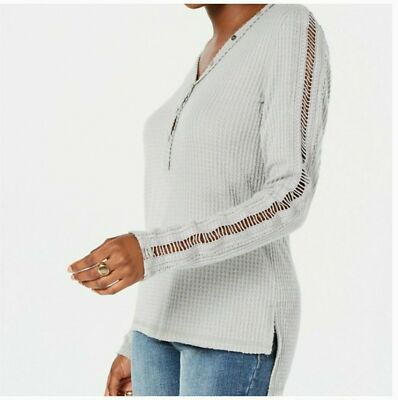 American Rag Juniors Henley Shirt Crochet Trimmed Waffle Knit Gray Long ...