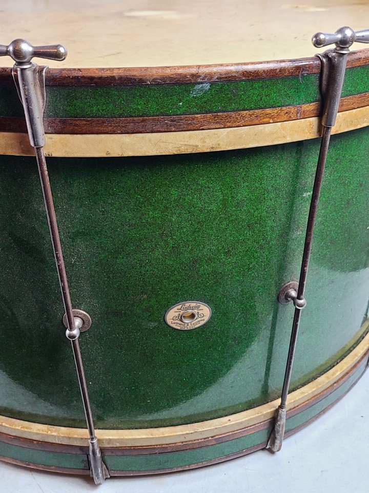 Rare 1930's Ludwig & Ludwig Green Sparkle Floor Bass Drum Painted Scene ...