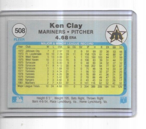1982 Fleer #508 Ken Clay Seattle Mariners | eBay