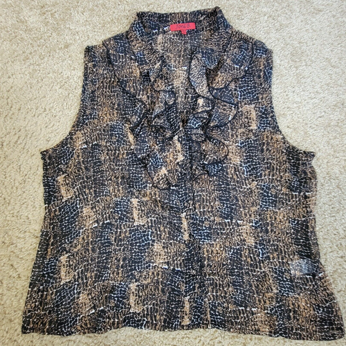 Joni B. Women's XL Blouse Brown / Black Sheer Sleeveless Ruffles Button ...