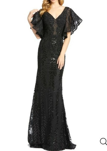 Mac Duggal Embellished Illusion V Neck Sheer Butterfly Short Flutter