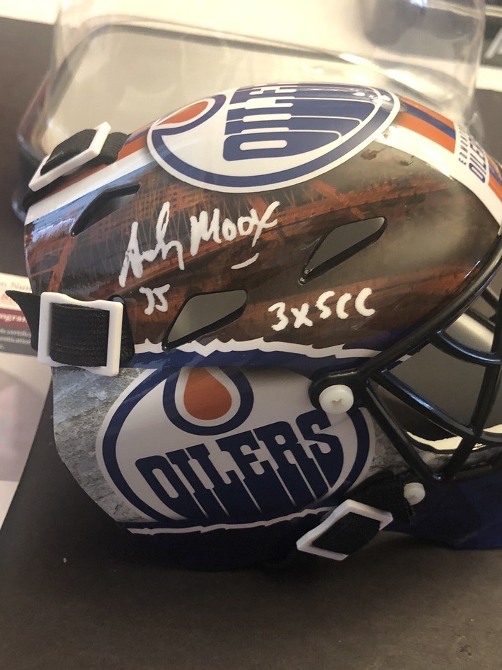 JSA ANDY MOOG “3X SCC” AUTOGRAPHED EDMONTON OILERS SIGNED MINI GOALIE ...