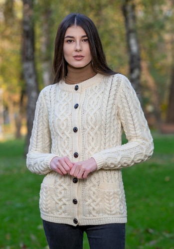 SAOL Aran Cardigan Sweater Women's 100% Merino Wool Cable Knitted ...