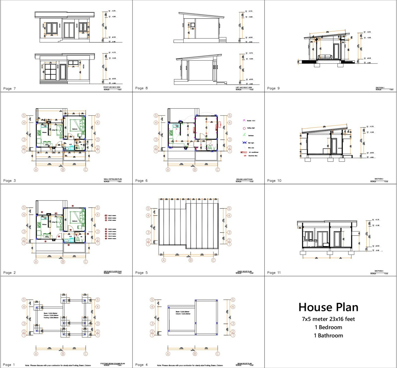 Small House Design Plans 7x5 Meter 23x16 Feet 1 Bed 1 Bath Shed (A4 ...