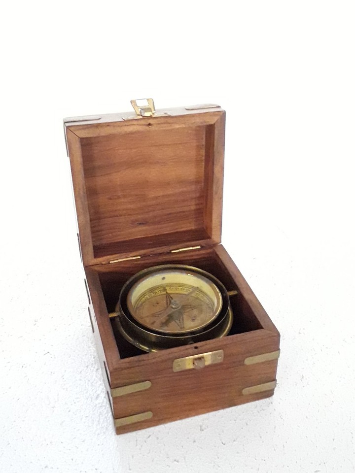 Vintage Nautical Brass Compass in Wooden Box with Anchor Inlay | eBay UK