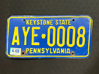 2002 Pennsylvania License Plate AYE-0008 ....... KEYSTONE STATE | eBay