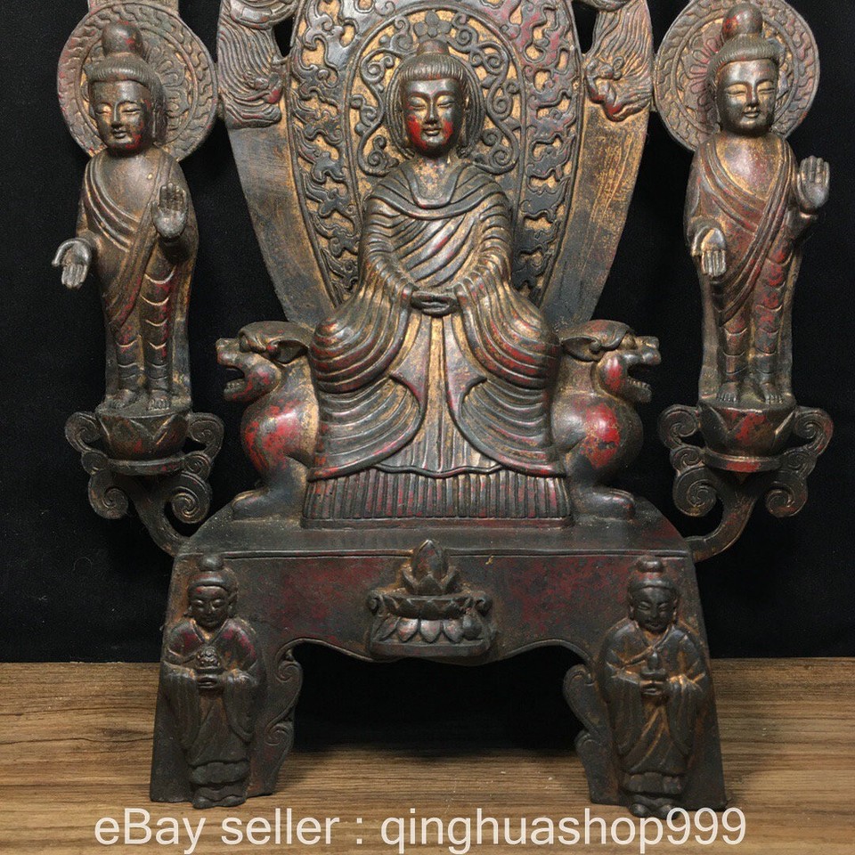 14.8" Chinese Buddhism Marked Bronze Stand Base 5 Backlight Buddha ...