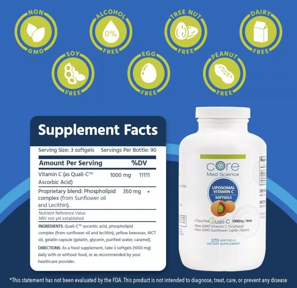 Core Med Science - 1000mg Liposomal Vitamin C - Softgels (270 Count/90 ...