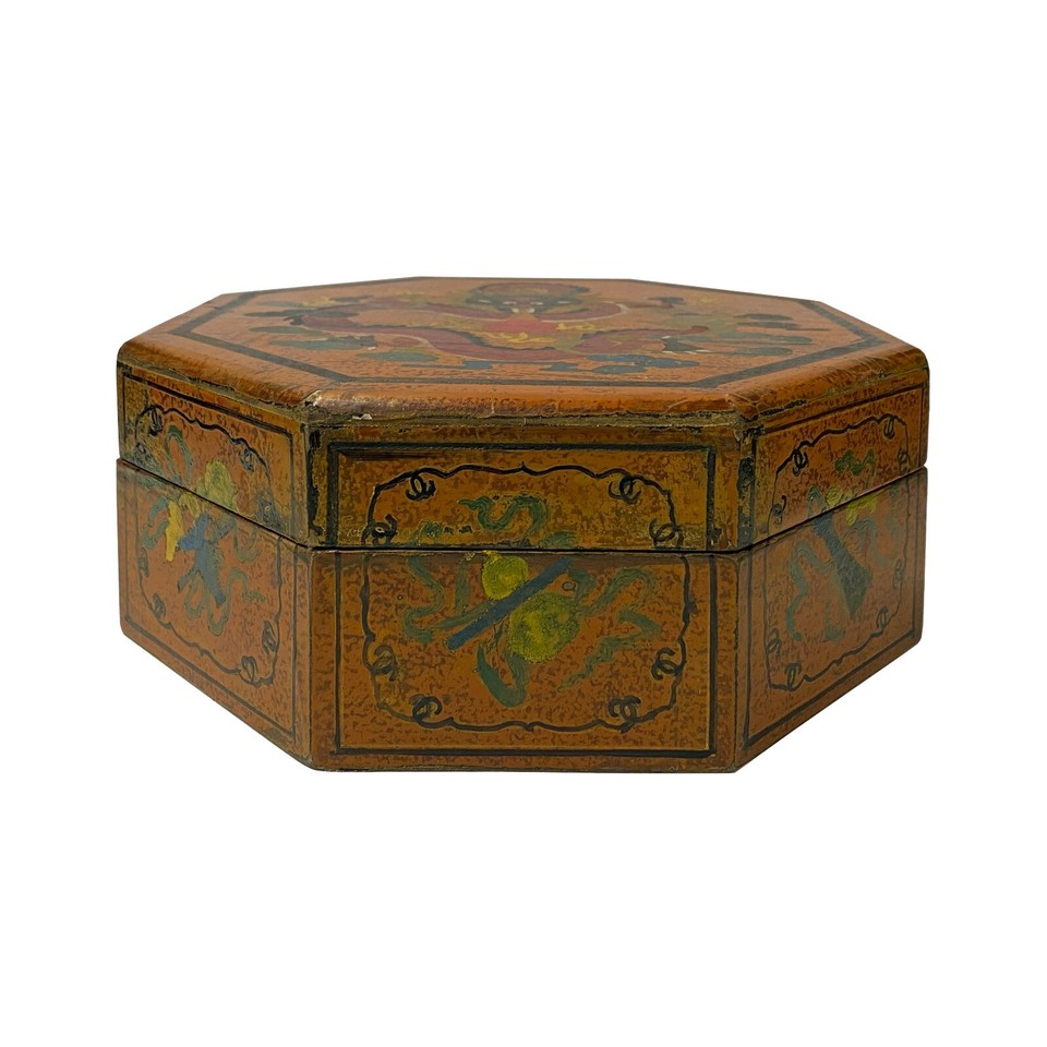 Chinese Distressed Light Brown Octagon Dragon Treasure Graphic Box ...