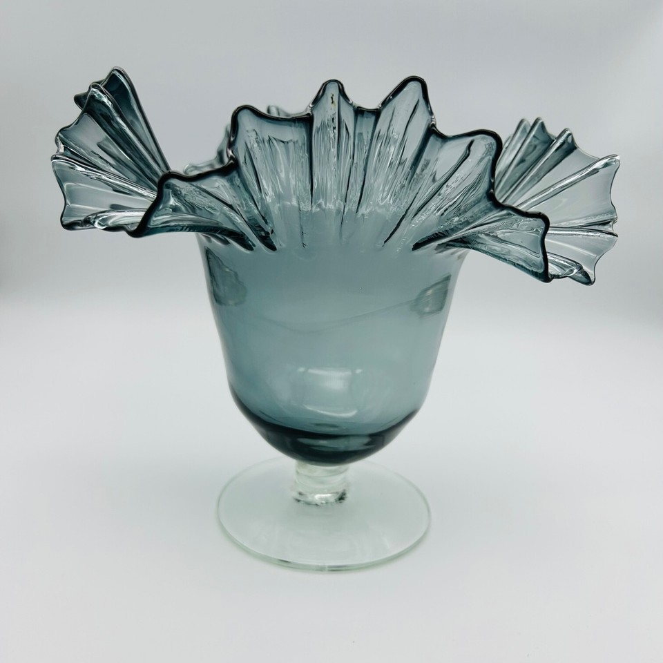 Blenko Glass Vase CHARCOAL 1954-1958 #388 Double Crimped Ruffled Footed ...
