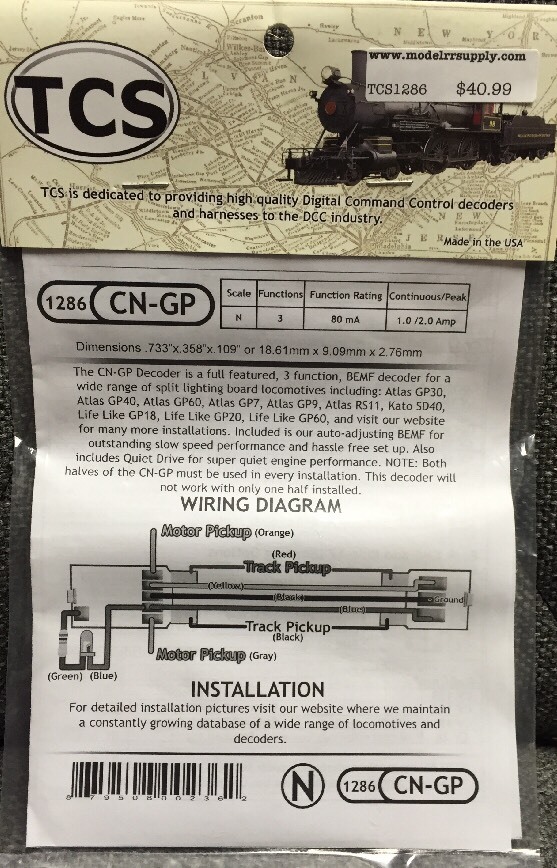 Train Control Systems TCS DCC 1286 CN-GP Split Style Decoder N scale | eBay