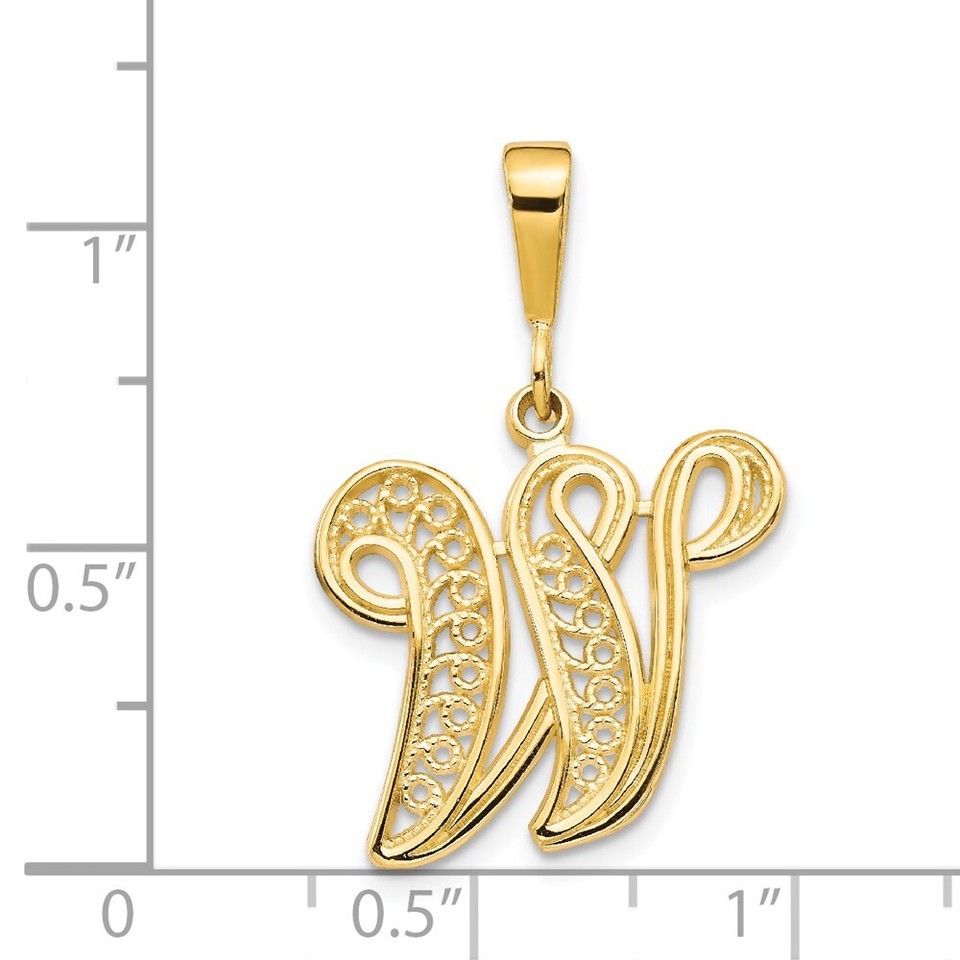 Real 14kt Yellow Gold Polished Script Filigree Letter W Initial Pendant ...