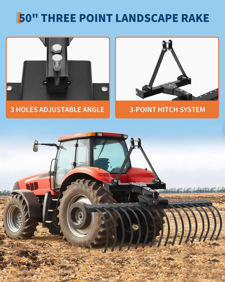 50" 3 Point Landscape Rake Replaceable Steel Tines for Category-0 Cat-1 ...