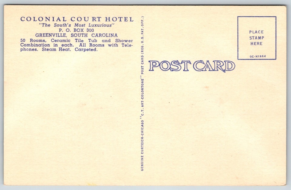 Postcard Colonial Court Hotel, Greenville, South Carolina Unposted | eBay