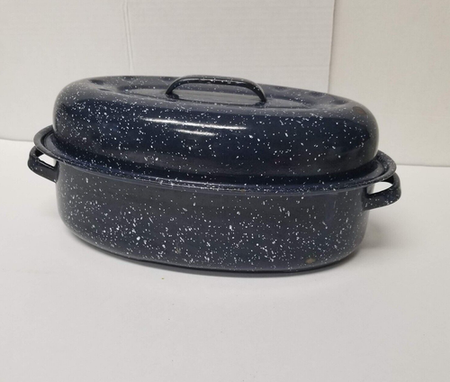 12" Enamel Ware Roaster Blue Speckled Oval Small Roast Turkey Ham ...