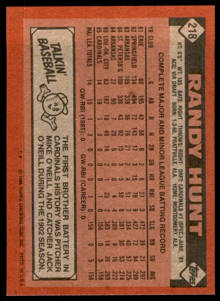 1986 Topps Baseball Card Randy Hunt Rookie C St. Louis Cardinals #218 ...