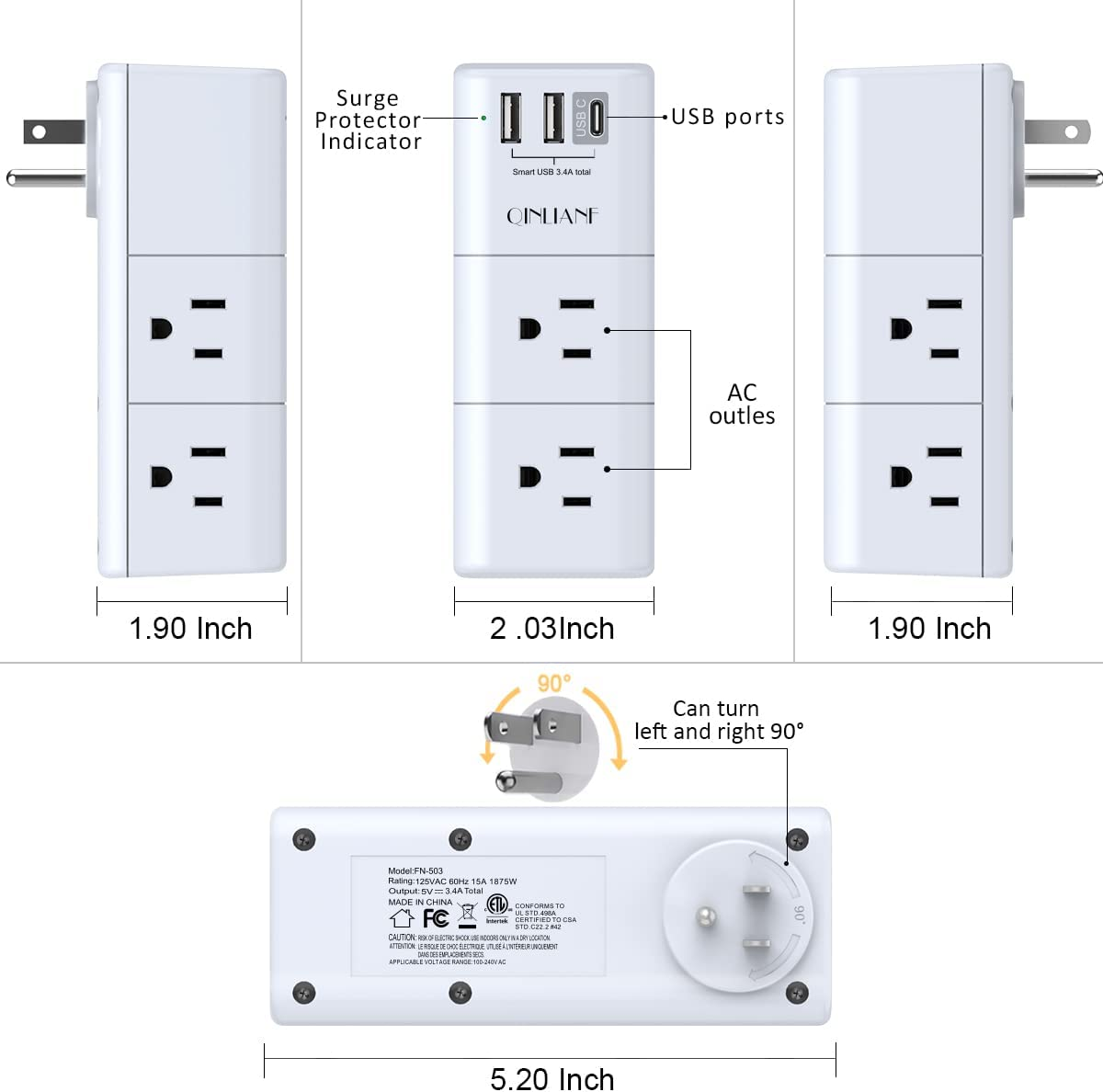 3-Sided Swivel Power Strip with 6 AC Spaced Outlet Splitter and 3 USB ...