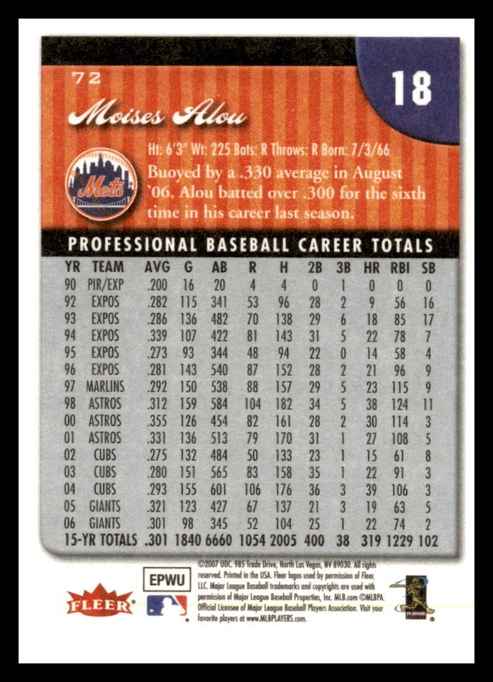 2007 Fleer #72 Moises Alou New York Mets Baseball Card NM Free Shipping ...