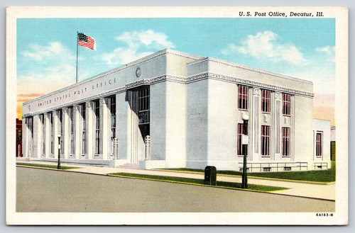 Decatur Illinois~US Post Office Corner View~Streetlamps~Vintage Linen ...