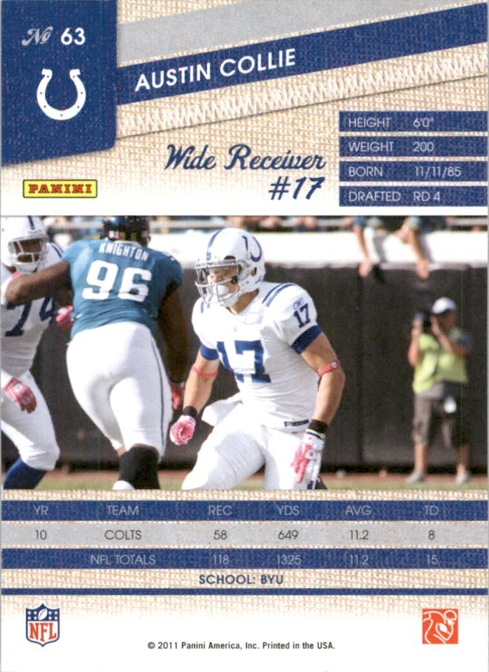 2011 Panini Threads Austin Collie Indianapolis Colts #63 Football Card ...