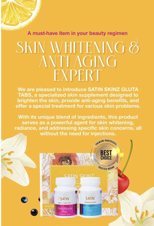 Satin Skinz Gluta Tabs Skin Whitening Glutathione& Astaxanthin | eBay
