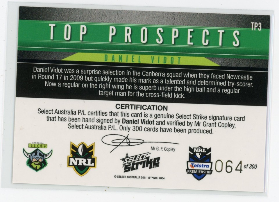 2011 Strike Daniel Vidot (Xyon Quinn) Top Prospects Signature NRL Card ...