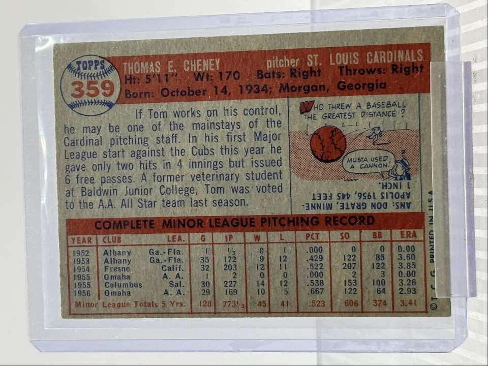 TOM CHENEY 1957 TOPPS BASEBALL CARDINALS #359 Q2117 | eBay