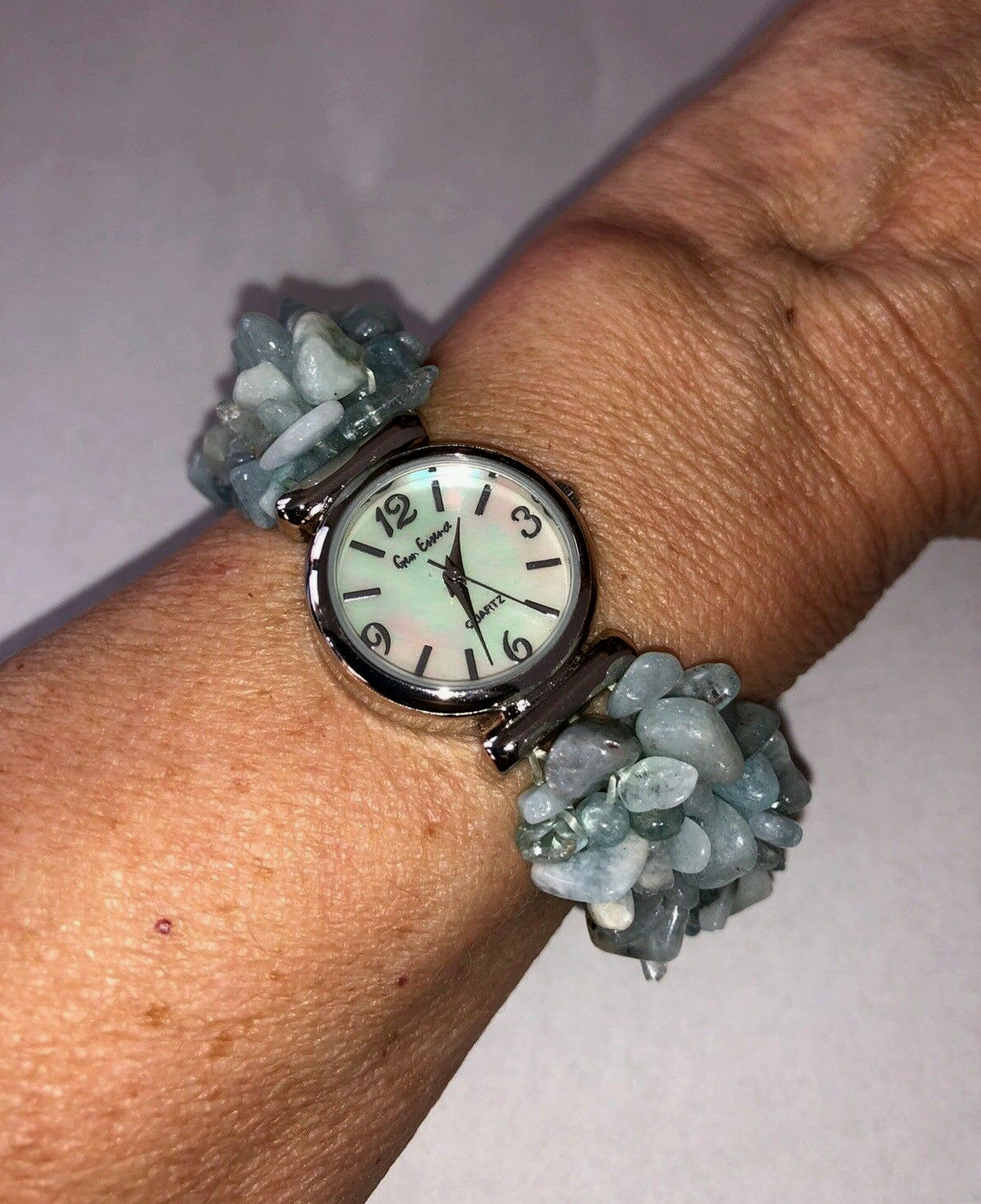 Gem Essence Blue Quartz Watch Stretch Bracelet Band Mother of Pearl ...