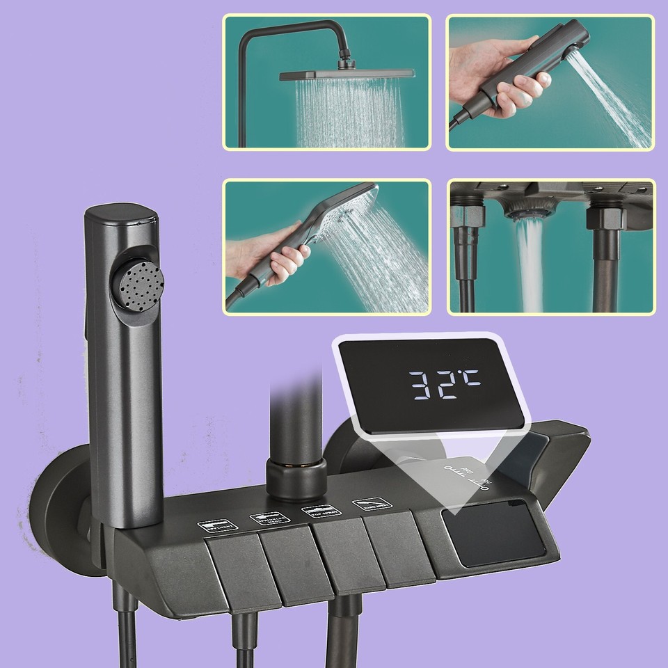 Digital Display Grey Color Piano Bathroom Rainfall Shower Faucet Set W ...
