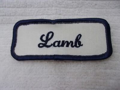 LAMB USED EMBROIDERED VINTAGE SEW ON NAME PATCH TAGS DARK BLUE ON WHITE ...