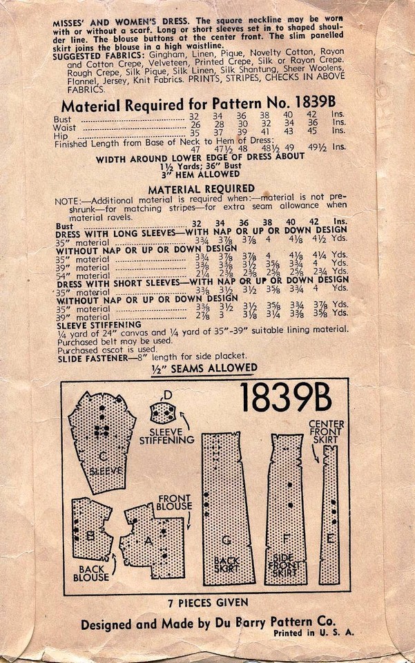 1930's VTG Du Barry Misses' Dress Pattern 1839B Size 18 | eBay