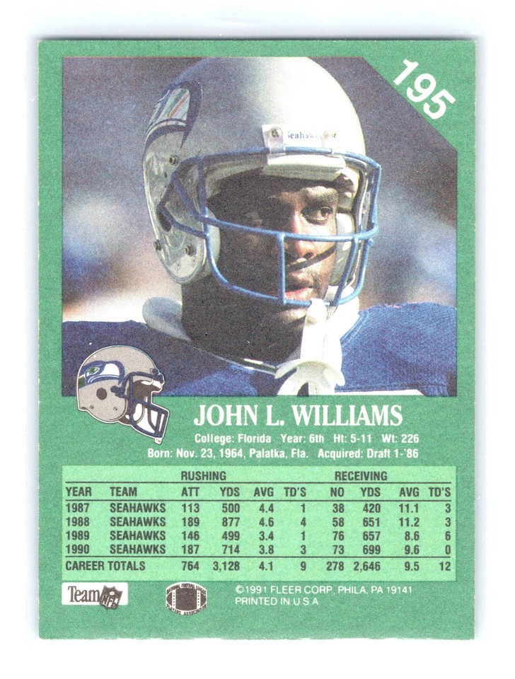 1991 Fleer Football #195 John L. Williams Seattle Seahawks | eBay