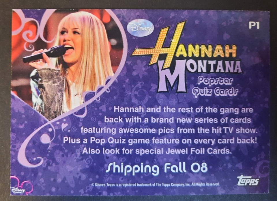 HANNAH MONTANA Popstar Quiz Cards Miley Cyrus Promo Card #P1 Topps 2008 ...