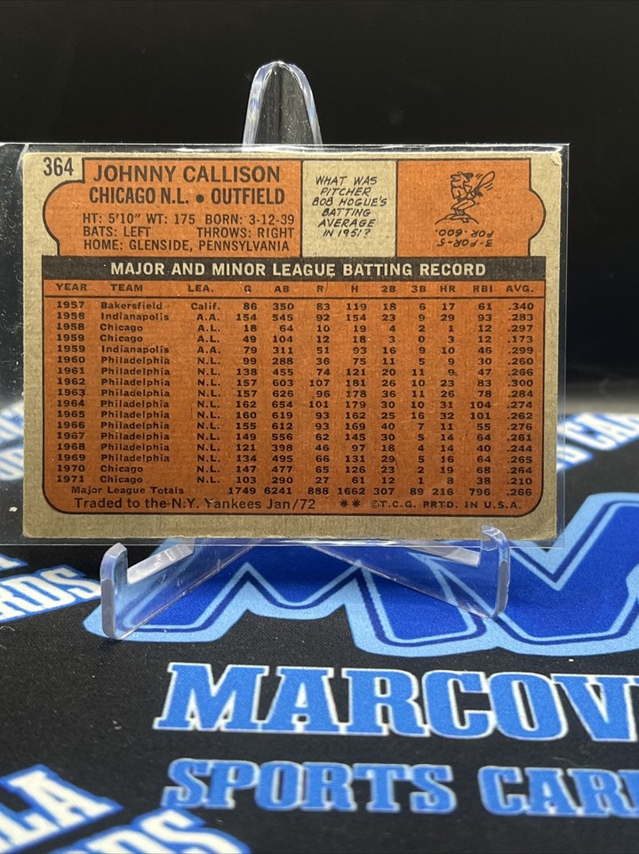 1972 Topps Baseball Johnny Callison Card #364 Chicago Cubs EX++ | eBay