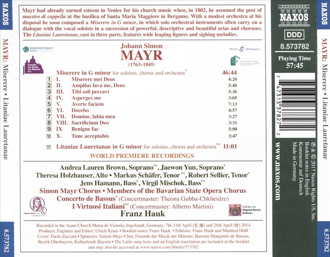 FRANZ HAUK / SIMON MAYR CHOR / CONCERTO DE BASSUS JOHANN SIMON MAYR: MISERERE NE 747313378272| eBay
