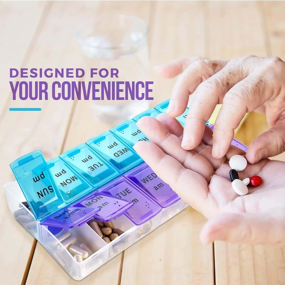 Weekly Pill Organiser - 7 Day AM/PM Tablet Box, 14 Compartments Dosette ...