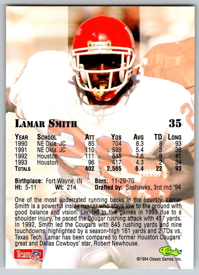 1994 CLASSIC NFL DRAFT LAMAR SMITH SEATTLE SEAHAWKS #35 | eBay
